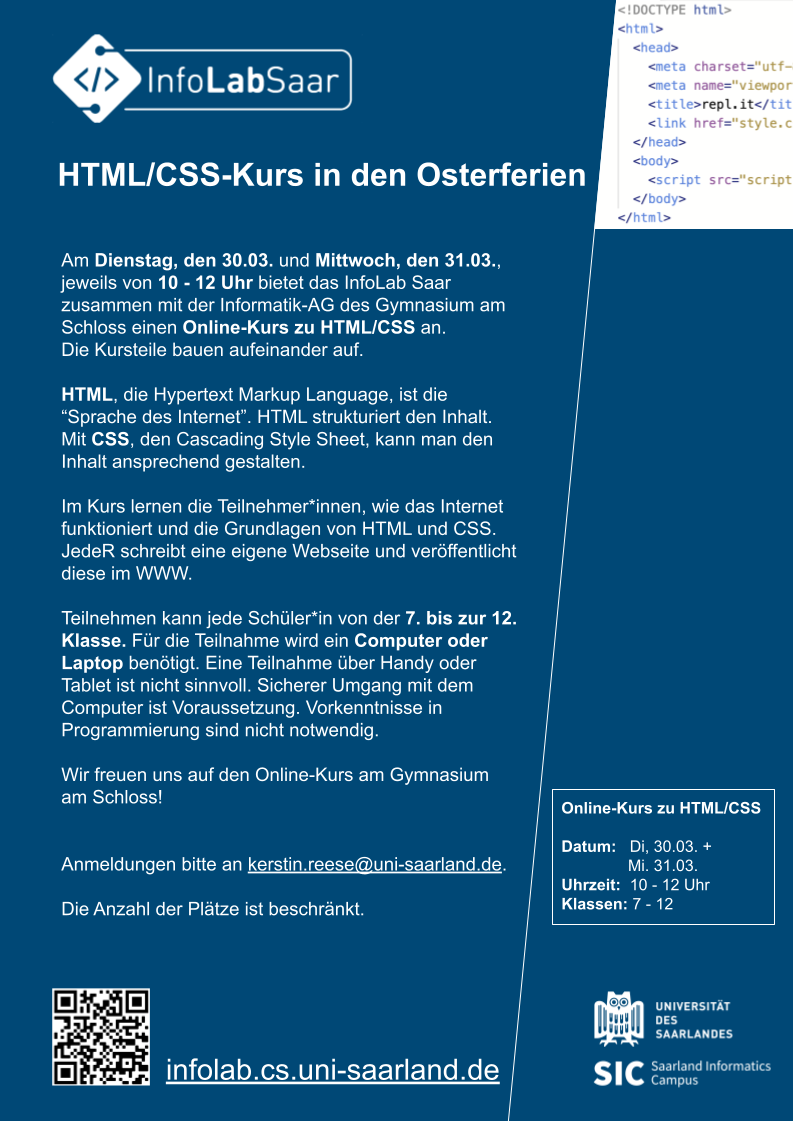 HTML/CSS-Kurs am Gymnasium am Schloss | InfoLab Saar